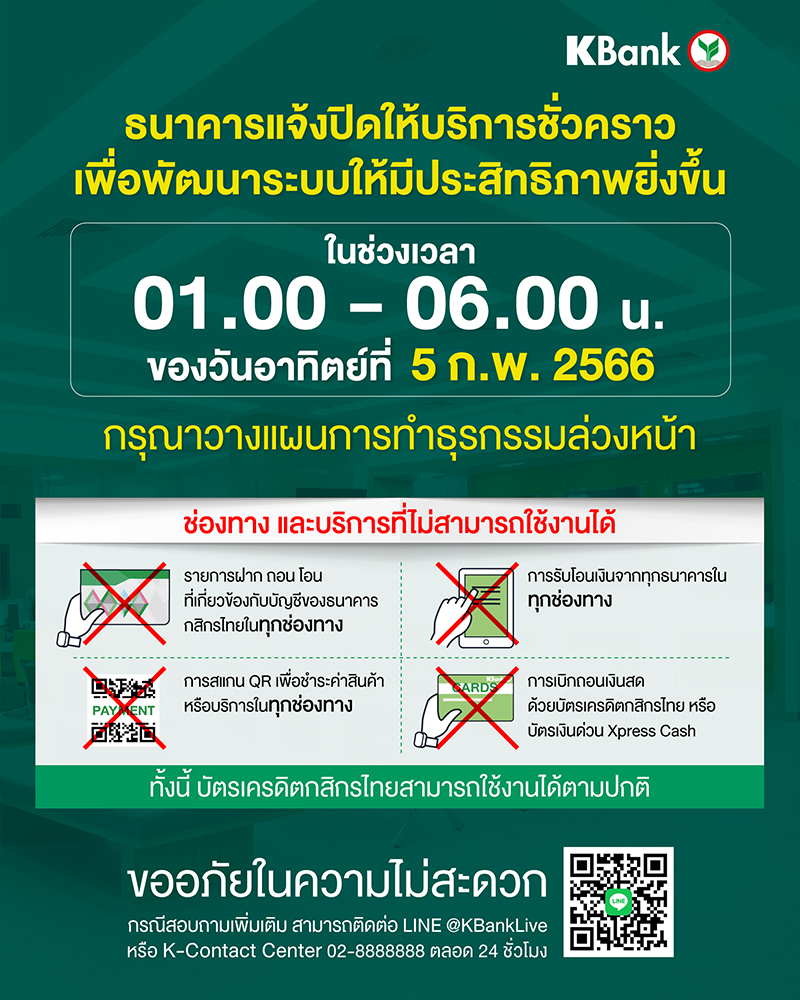 กสิกรไทยแจ้งปิดปรับปรุงระบบ ตีหนึ่ง-หกโมงเช้า 5 ก.พ.66